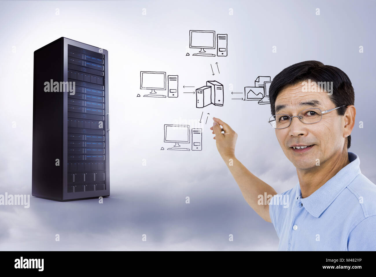 Composite image of elderly man pointing behind him Stock Photo - Alamy