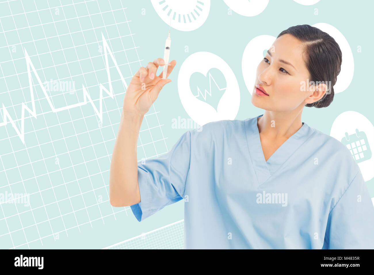 Composite image of serious doctor holding an injection in hospital ...
