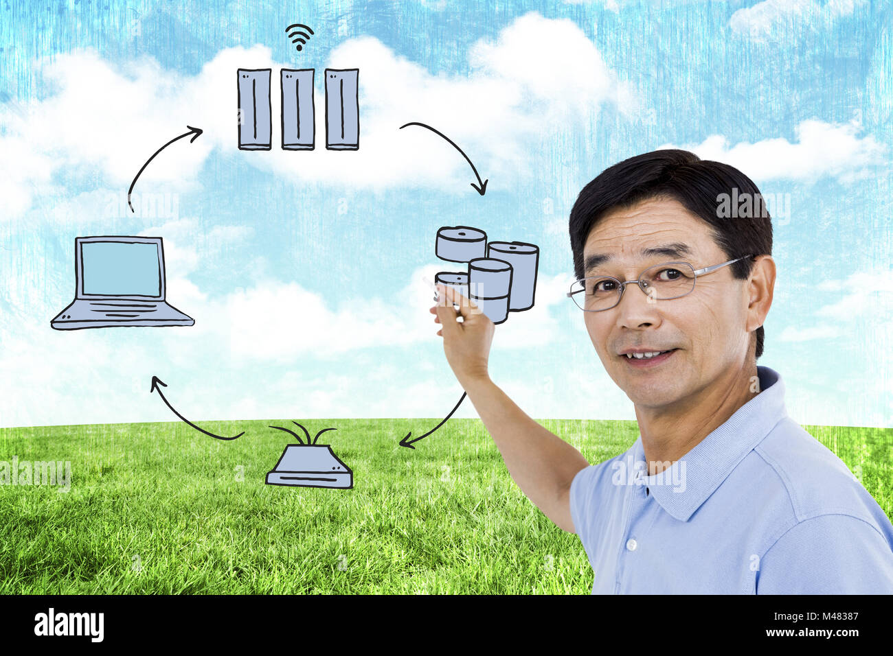 Composite image of elderly man pointing behind him Stock Photo - Alamy