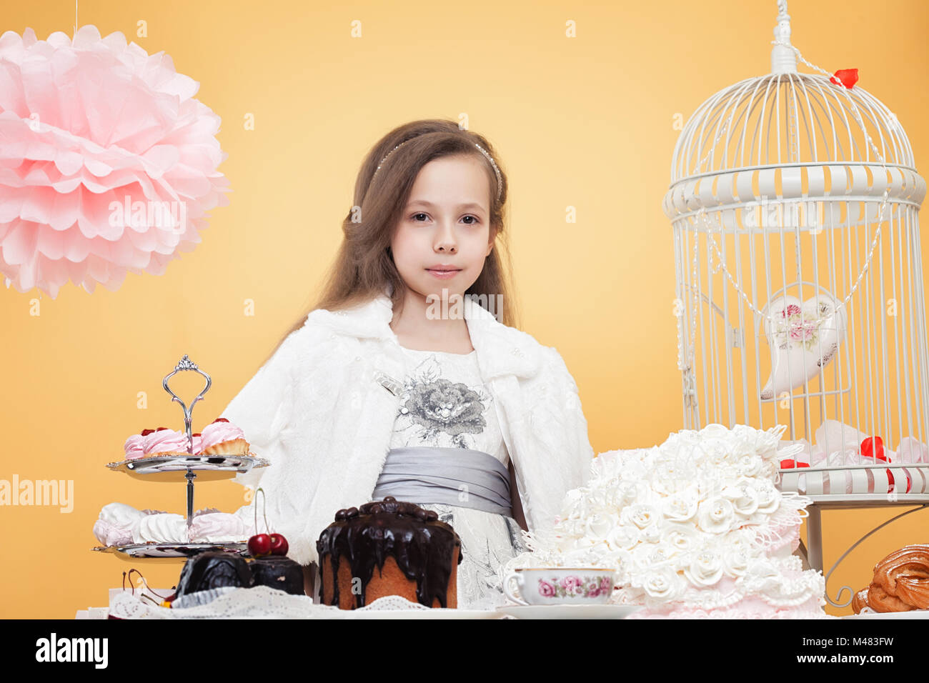 Lovely girl posing with sweet treats in studio Stock Photo - Alamy