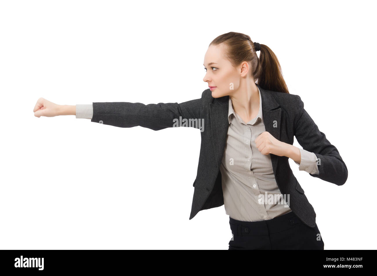 Pretty office manager fighting isolated on white Stock Photo - Alamy