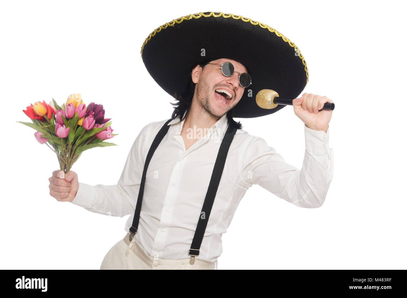 Smiling mexican with flowers and microphone isolated on white Stock ...