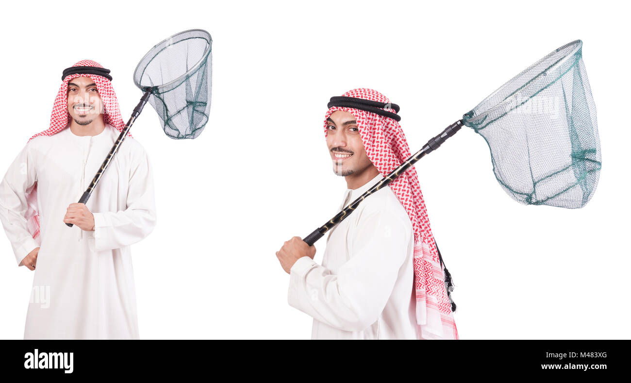Arab man with catching net isolated on white Stock Photo - Alamy