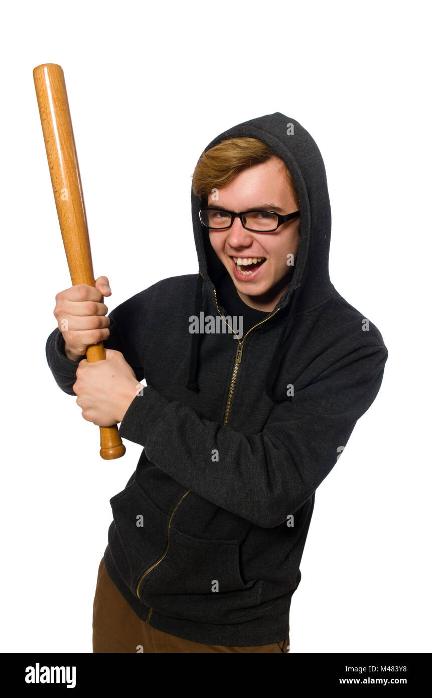 Aggressive man with baseball bat isolated on white Stock Photo - Alamy