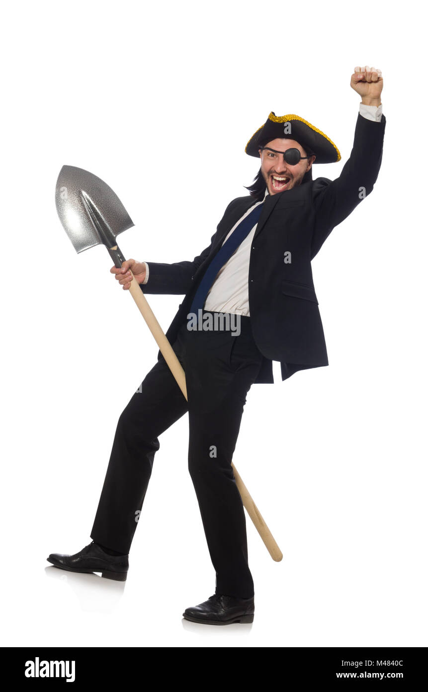 Pirate businessman holding spade isolated on white Stock Photo - Alamy