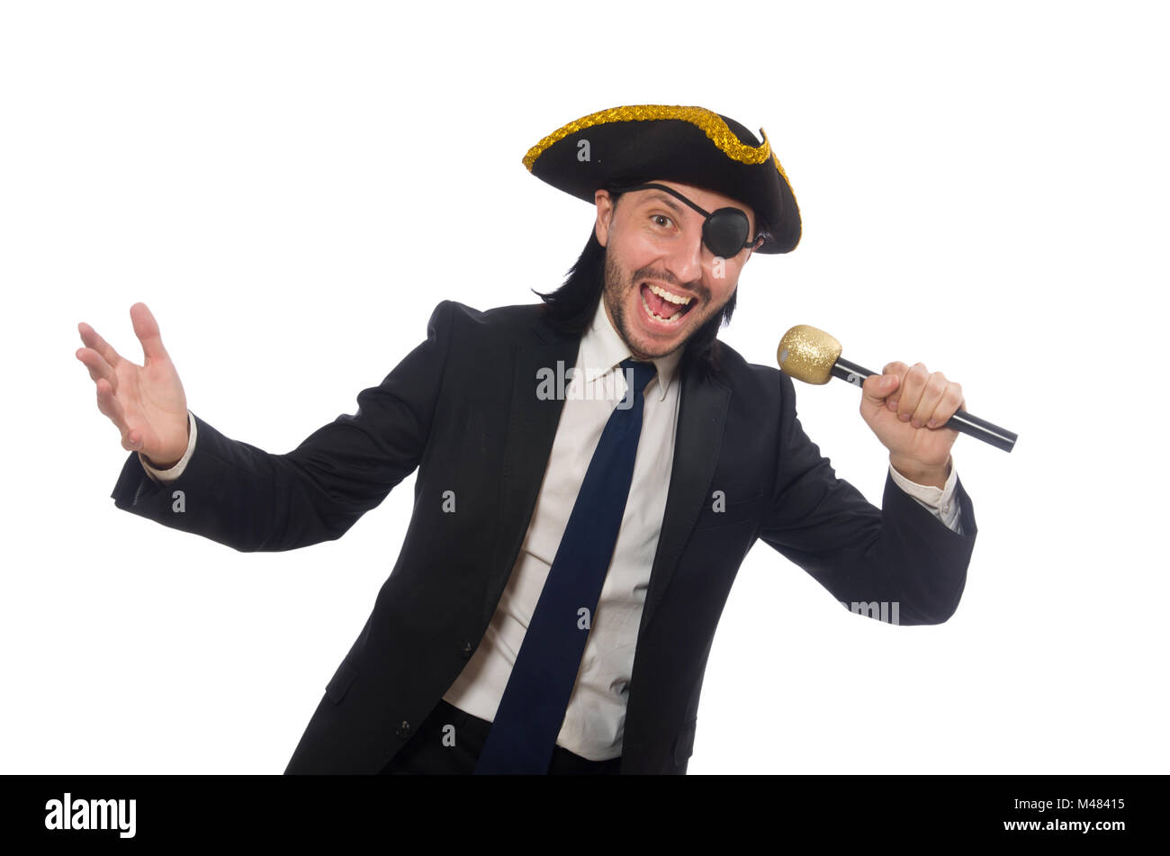 Pirate businessman holding the microphone isolated on white Stock Photo ...