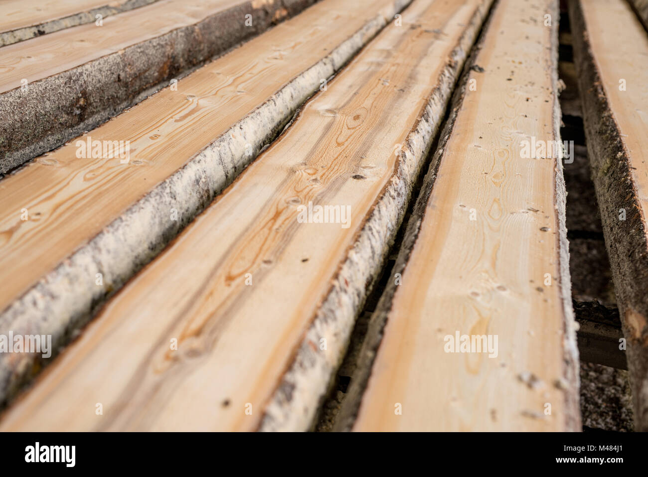At sawmill. Image of wooden boards lying in row Stock Photo - Alamy