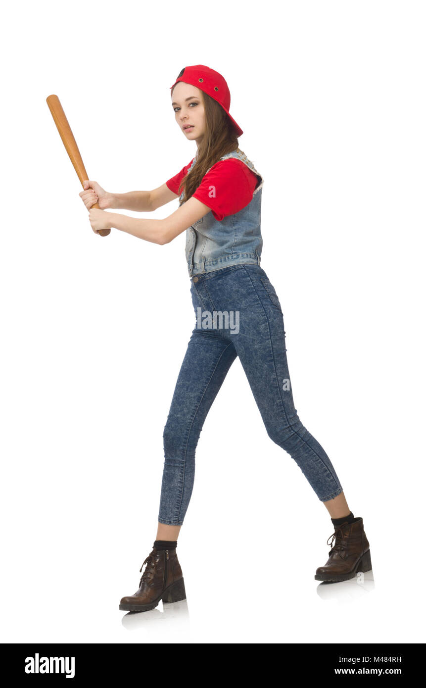 Pretty girl holding baseball bat isolated on white Stock Photo - Alamy