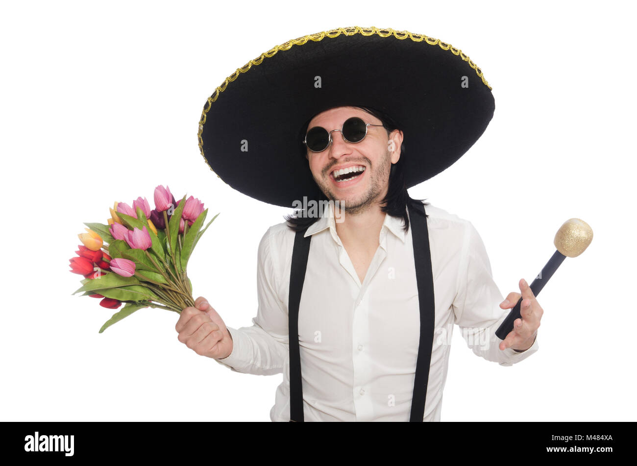 Smiling mexican with flowers and microphone isolated on white Stock ...