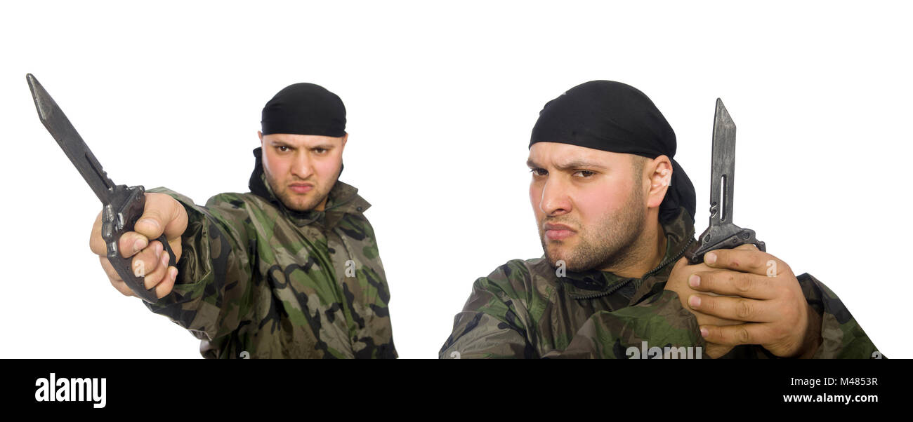 Young man in soldier uniform holding knife isolated on white Stock ...