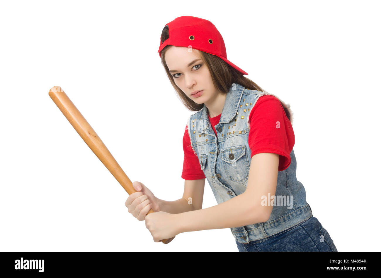 Pretty girl holding baseball bat isolated on white Stock Photo - Alamy