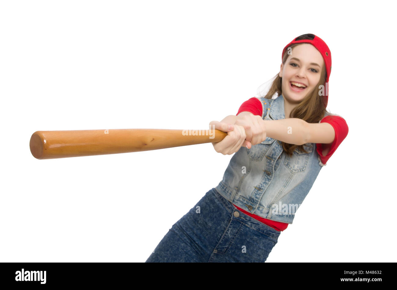 Pretty girl holding baseball bat isolated on white Stock Photo - Alamy