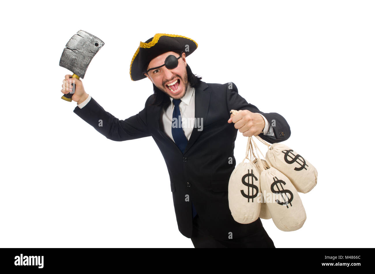 Pirate businessman holding money bags and butcher#39;s knife isolat ...