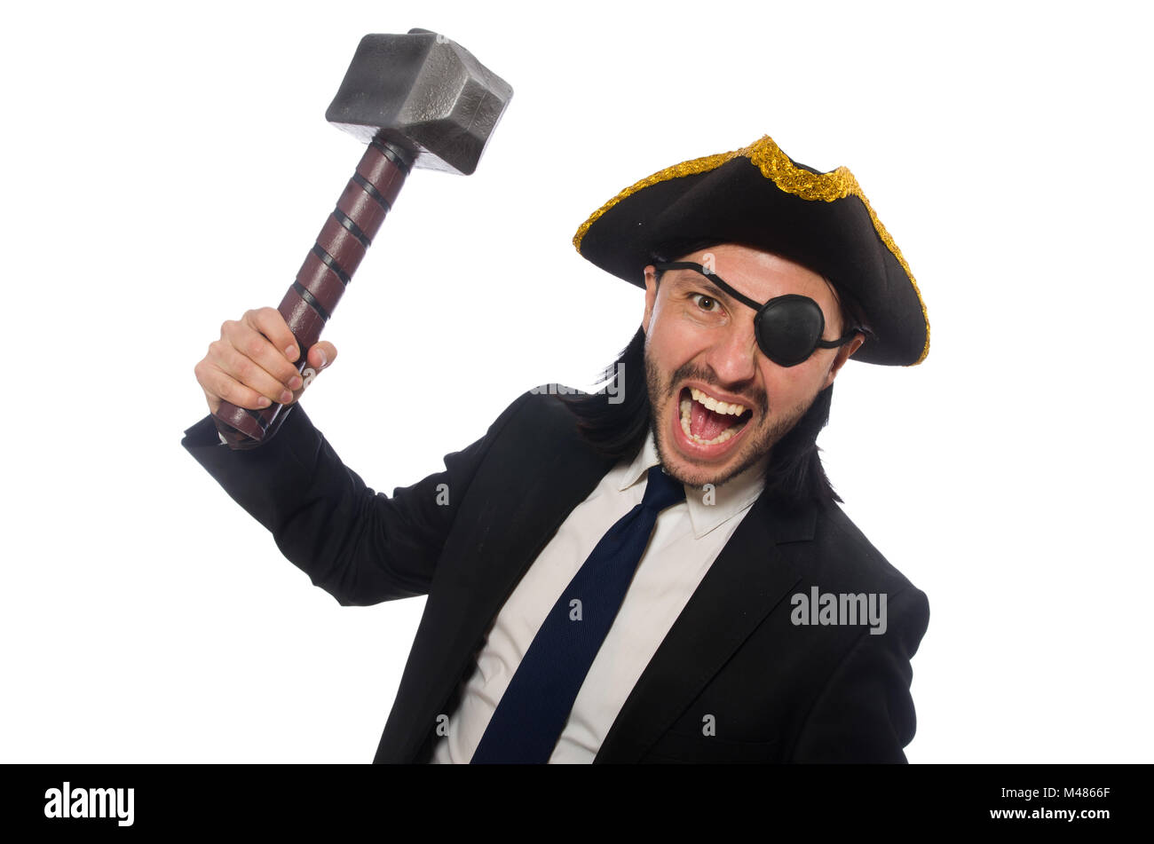Pirate businessman with hammer isolated on white Stock Photo - Alamy