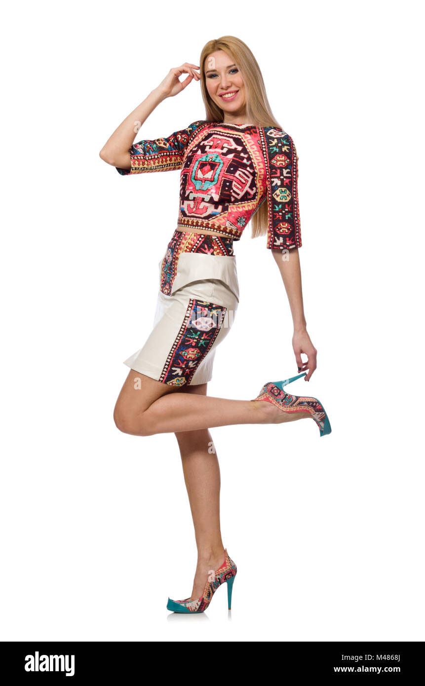 Pretty model in clothes with carpet prints isolated on white Stock ...