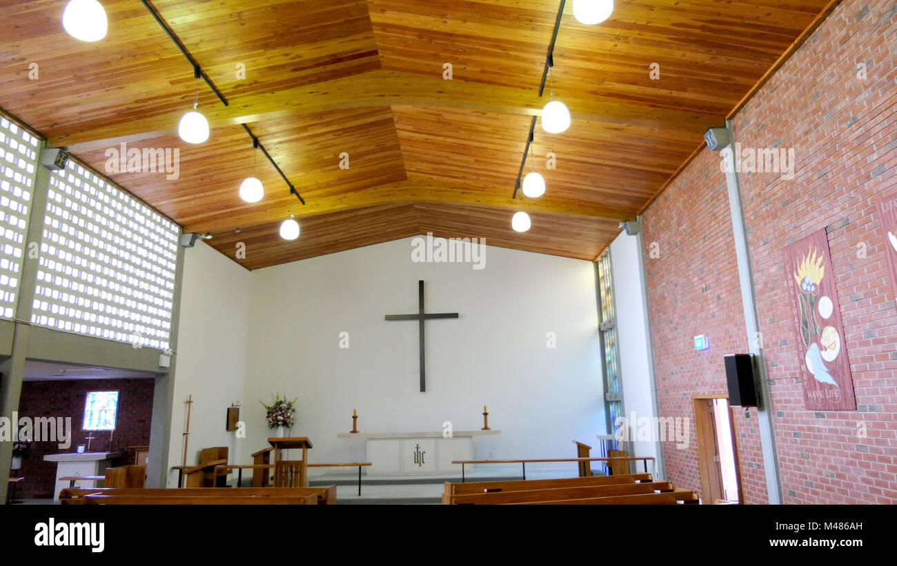 Interior wide shot of a funeral chapel Interior wide shot of a funeral ...