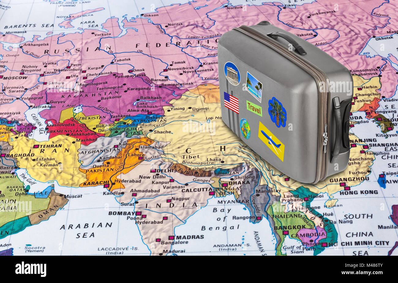 Asia map and travel case with stickers (my photos Stock Photo - Alamy