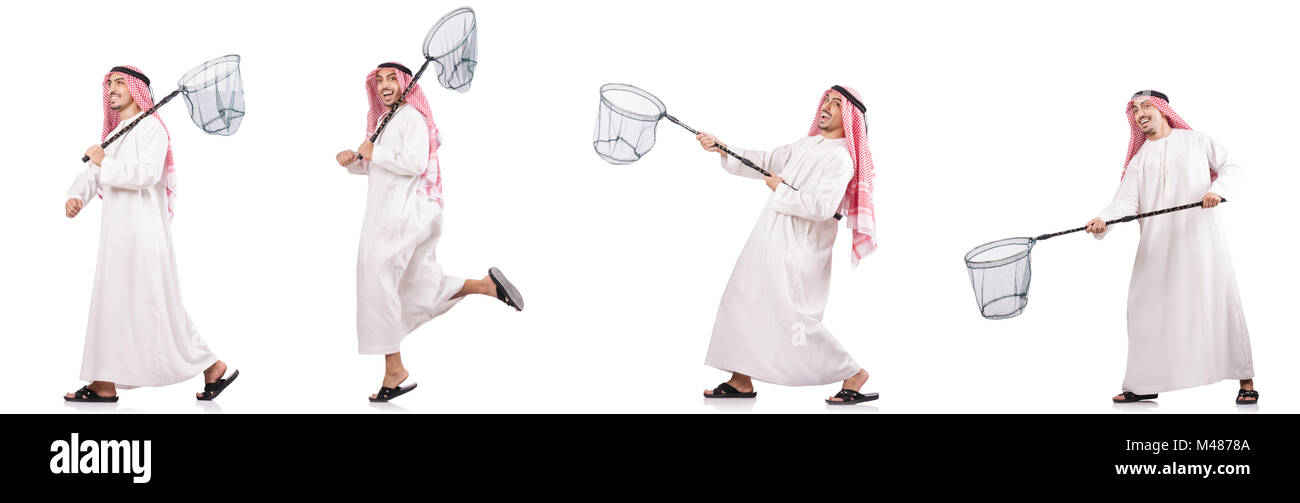 Arab man with catching net isolated on white Stock Photo - Alamy