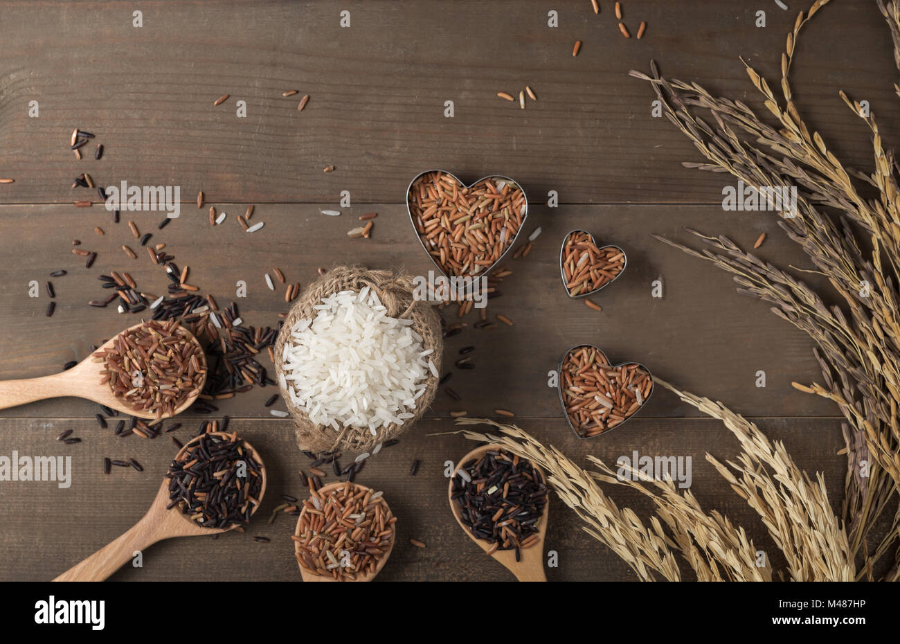 Row of white jasmine rice with various rice: Rice berry, brown and thai ...
