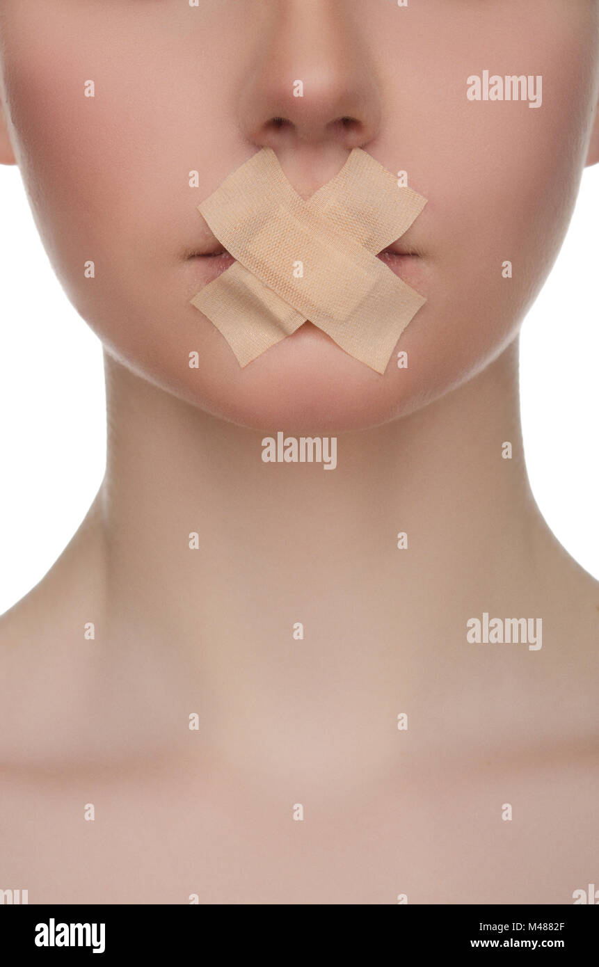 face of european woman with plaster on her lips Stock Photo - Alamy