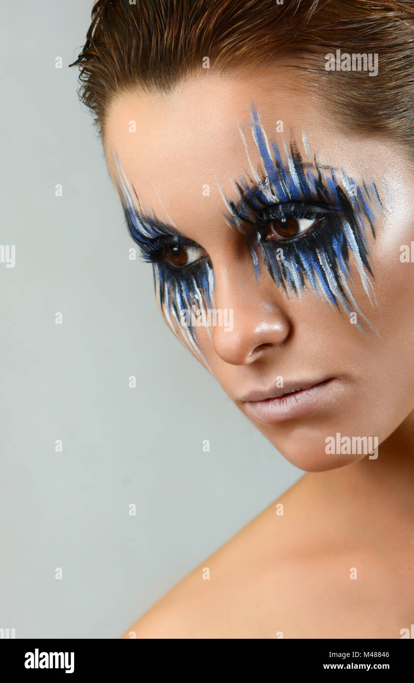 Beautiful Girl With Bright Creative Fashion Makeup And Blue Nail Stock