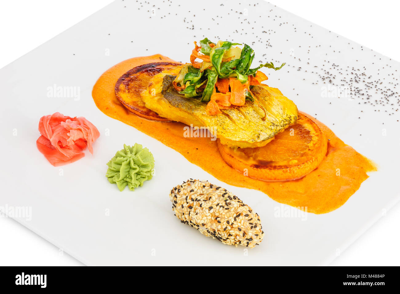 Cod sliced fillet fried in tom yam sauce Stock Photo - Alamy
