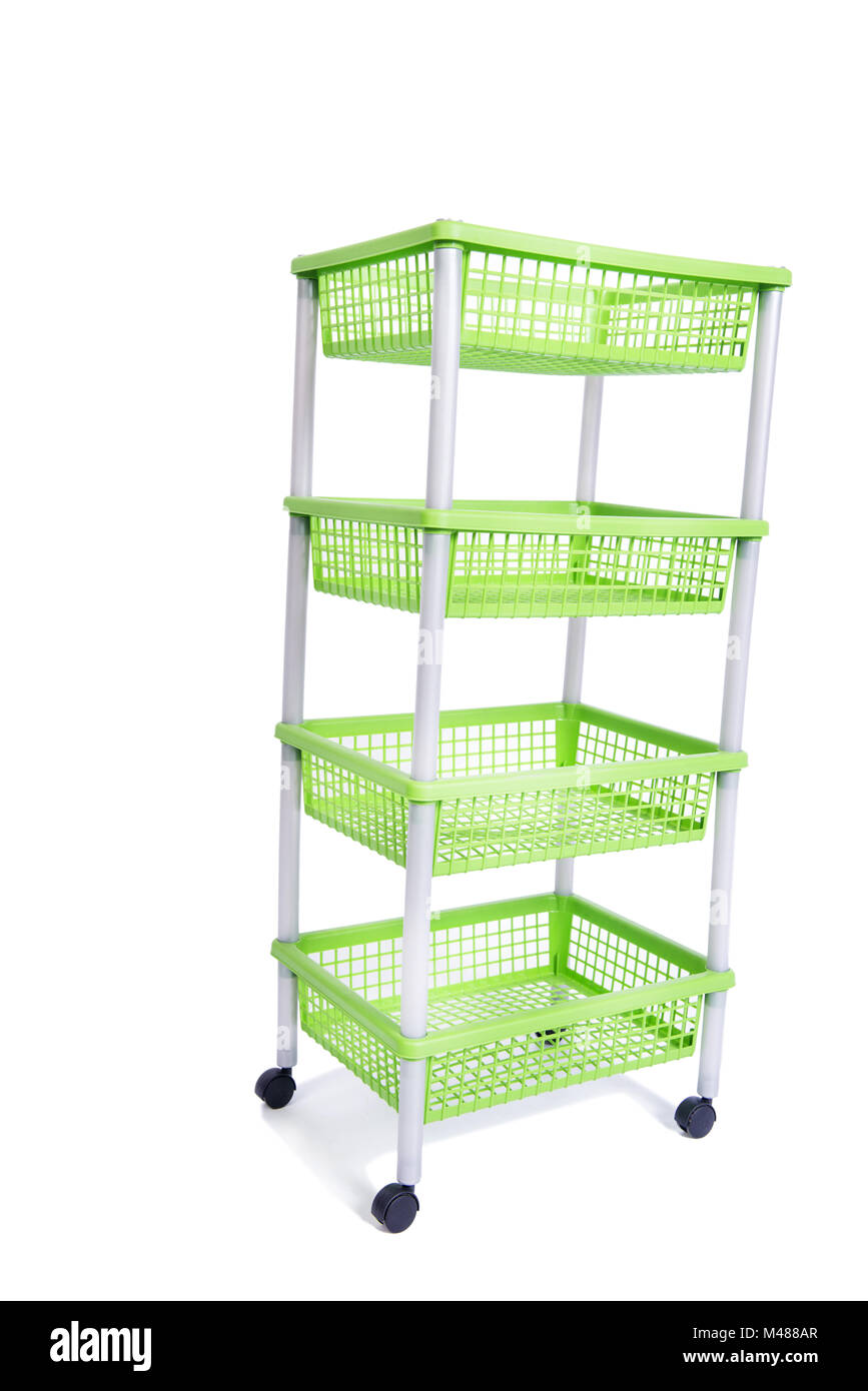 Green bin rack shelf with wheels isolated on white Stock Photo - Alamy