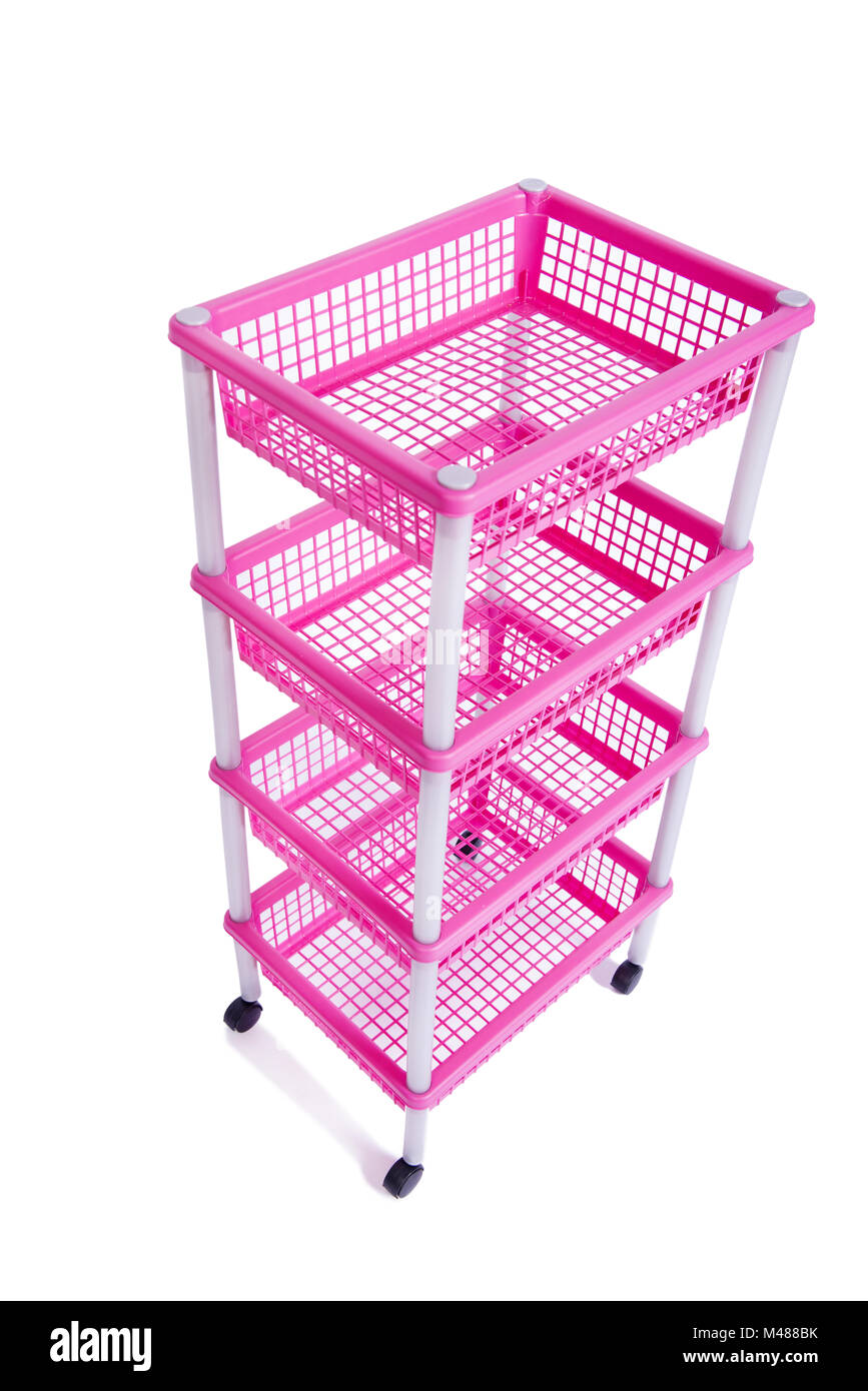 Pink bin rack shelf with wheels isolated on white Stock Photo - Alamy