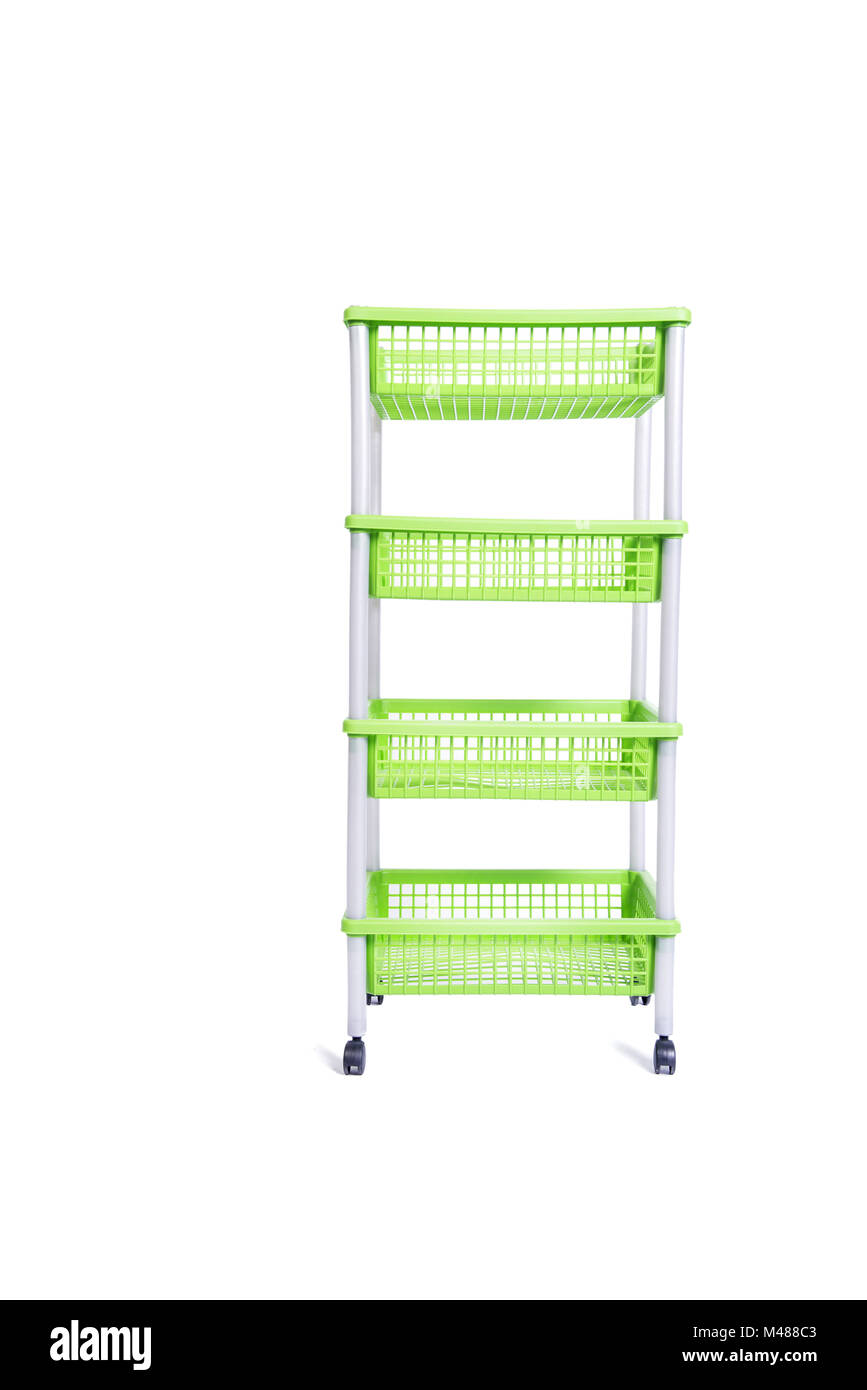 Green bin rack shelf with wheels isolated on white Stock Photo - Alamy