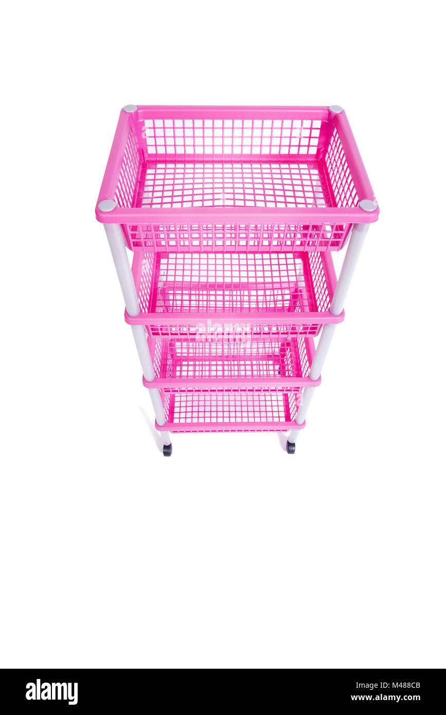 Pink bin rack shelf with wheels isolated on white Stock Photo - Alamy