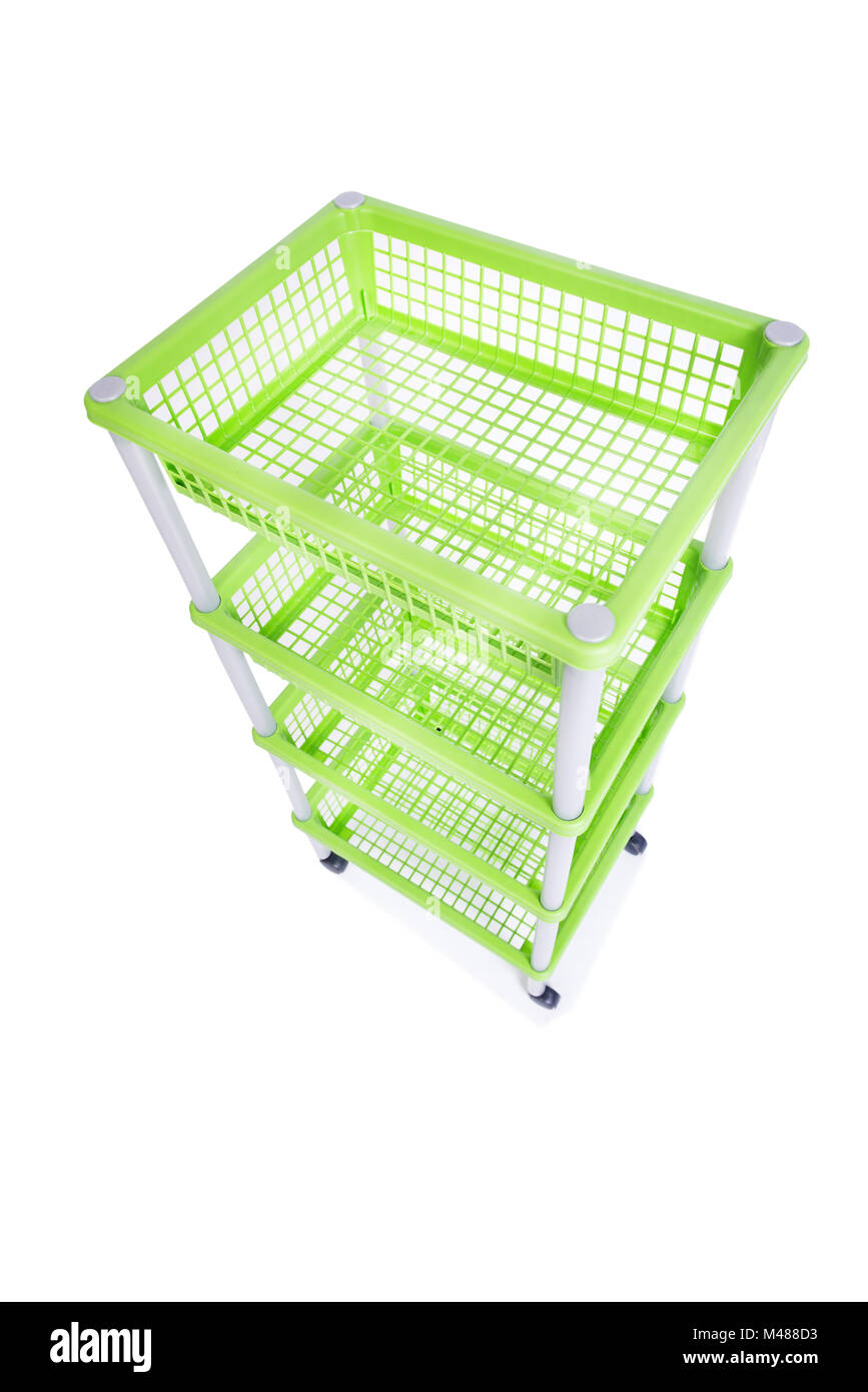 Green bin rack shelf with wheels isolated on white Stock Photo - Alamy