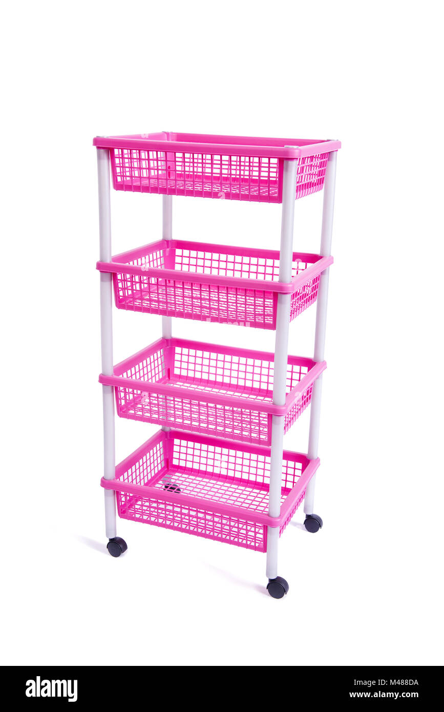 Pink bin rack shelf with wheels isolated on white Stock Photo - Alamy