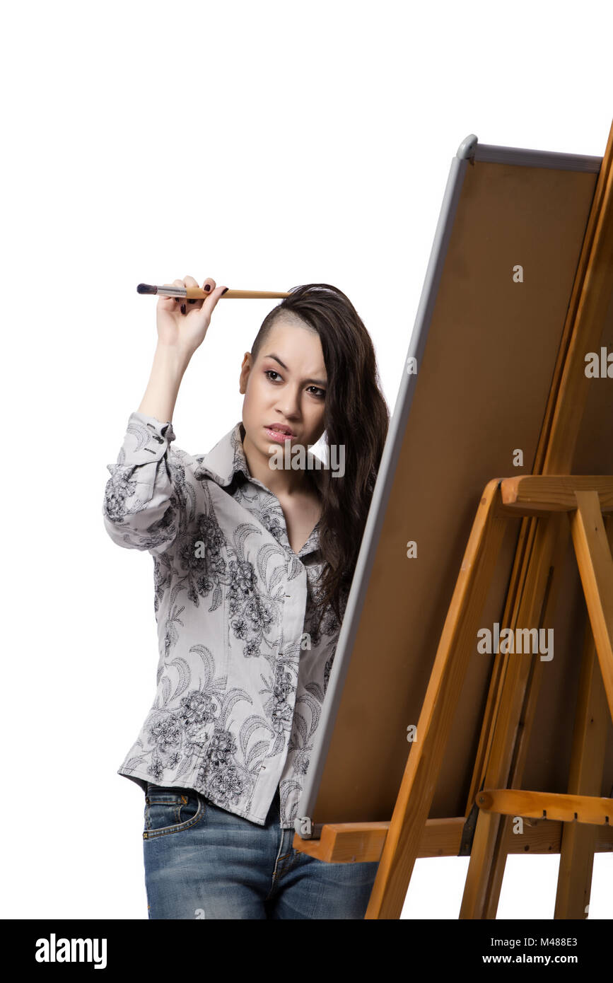 Female artist drawing picture isolated on white background Stock Photo ...