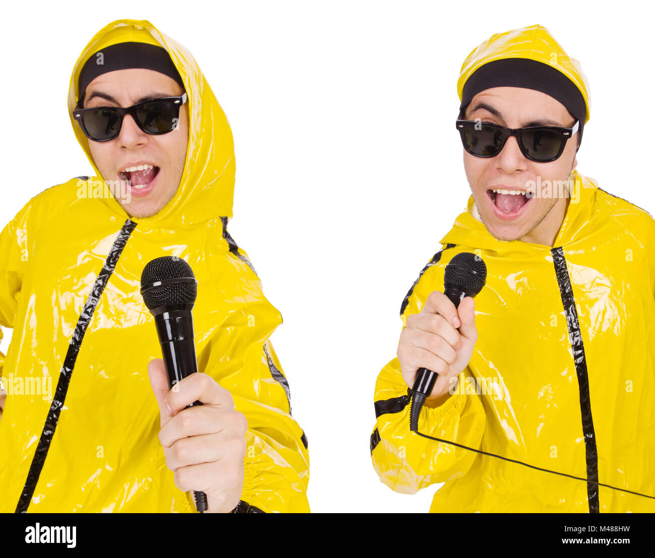 Funny performer with mic isolated on the white Stock Photo - Alamy