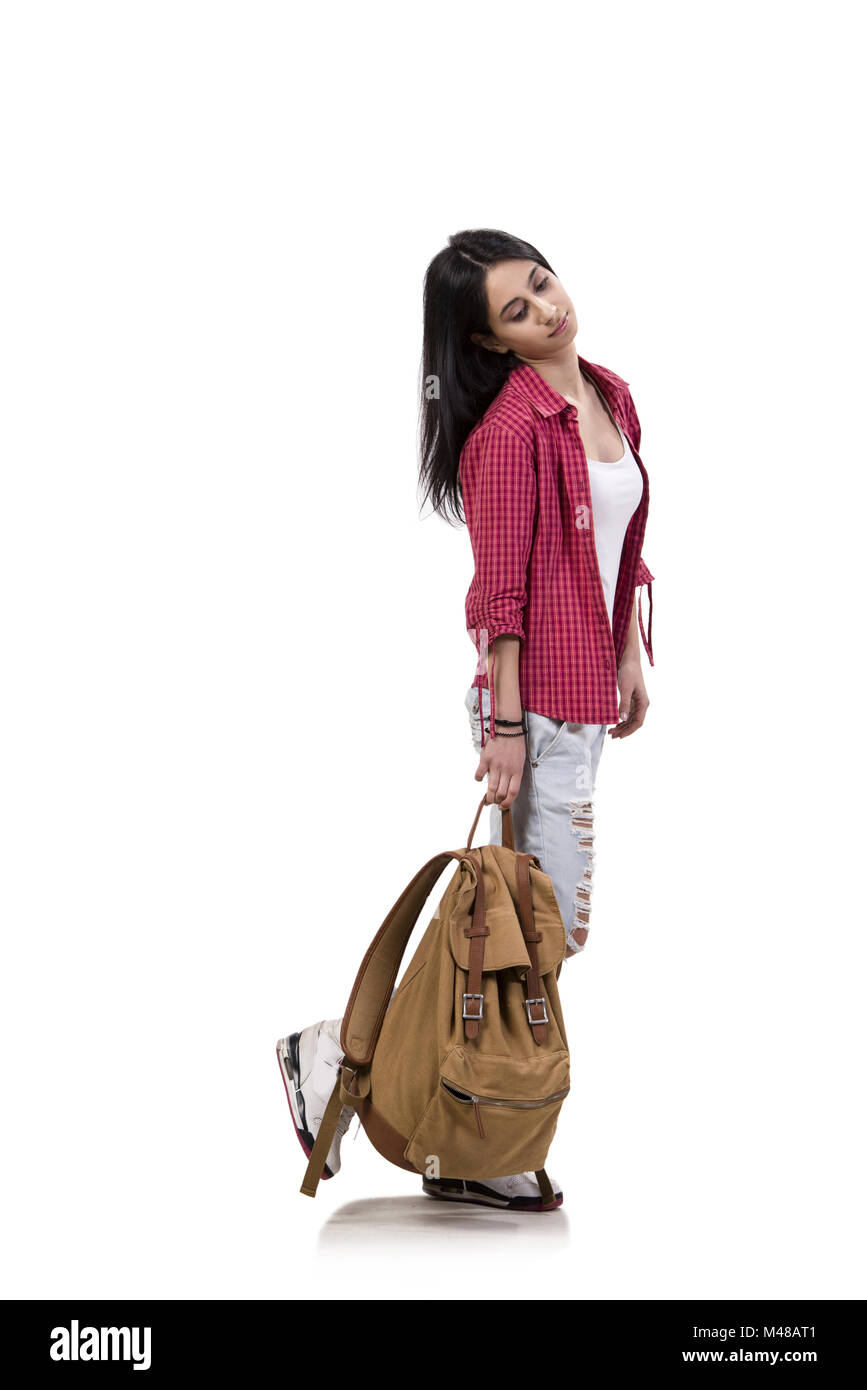 Female student with backpack isolated on white Stock Photo - Alamy