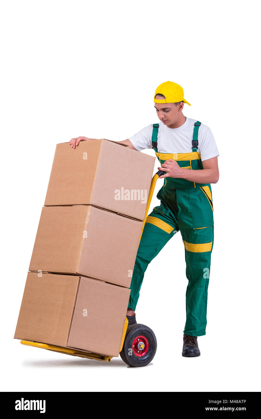 Young man moving boxes with cart isolated on white Stock Photo - Alamy