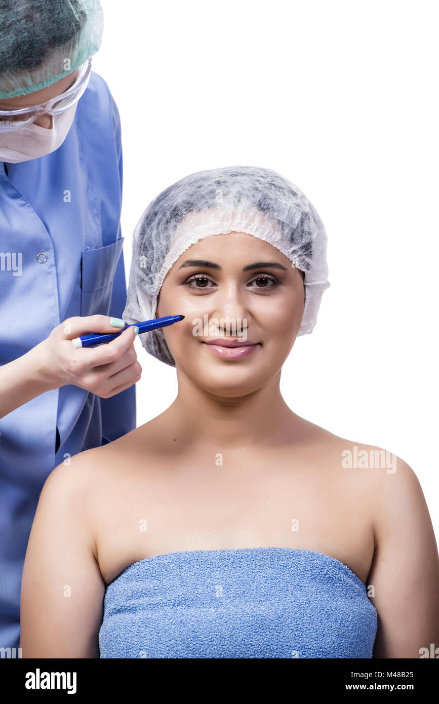 Young woman preparing for plastic surgery isolated on white Stock Photo ...
