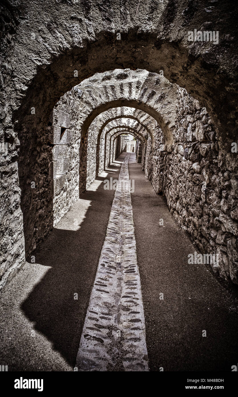 Corridor of an ancient castle. Picture with high contrast effect Stock ...