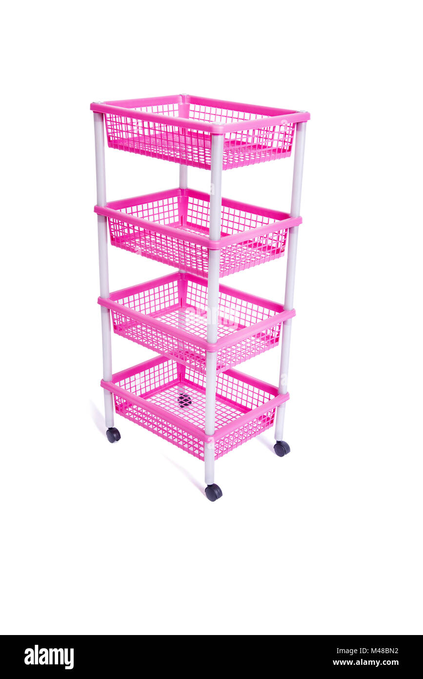 Pink bin rack shelf with wheels isolated on white Stock Photo - Alamy