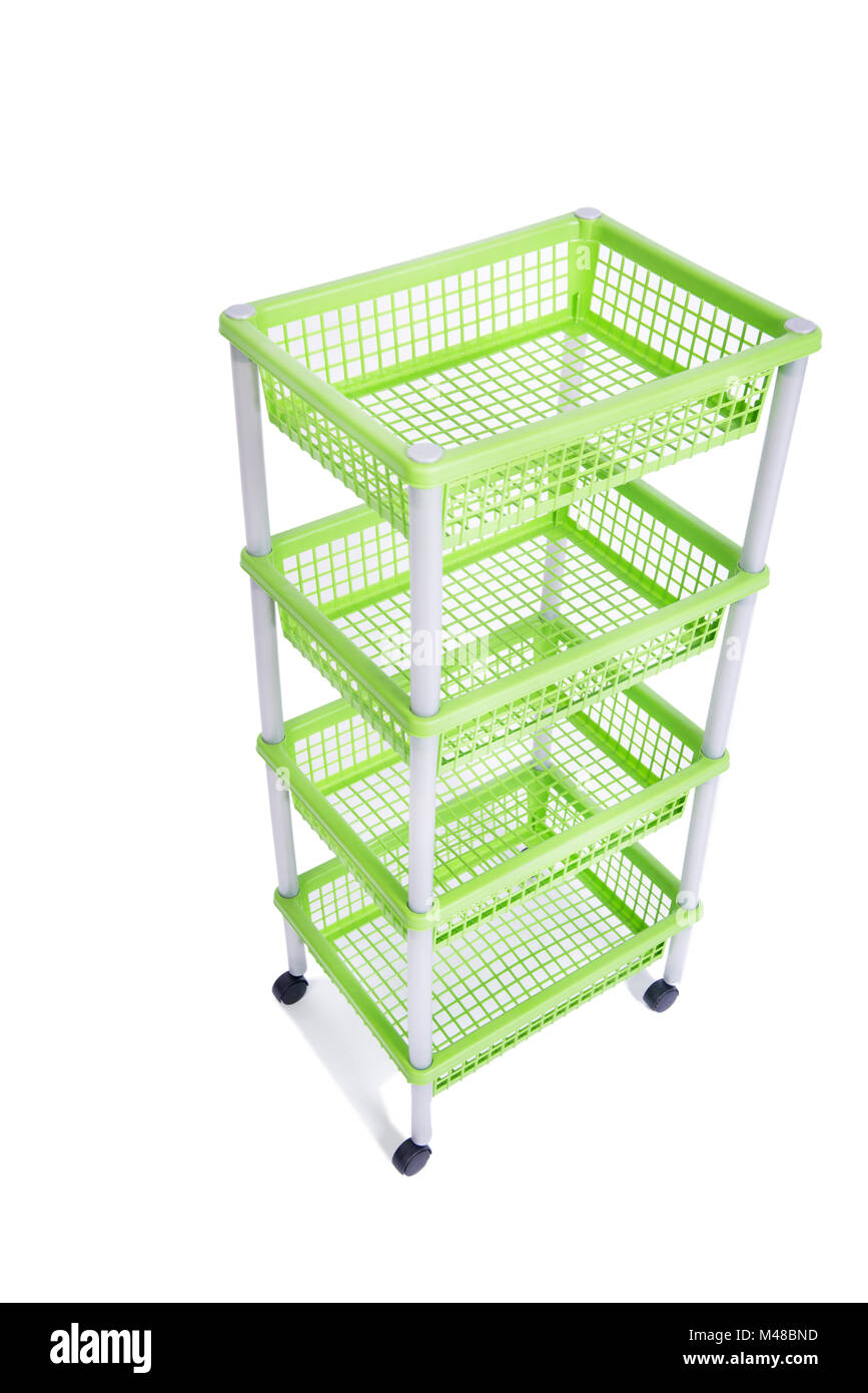 Green bin rack shelf with wheels isolated on white Stock Photo - Alamy