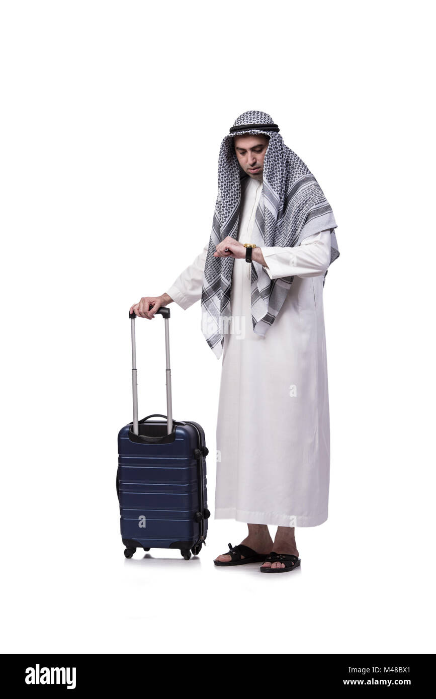 Arab man with suitcase in travel concept isolated on white Stock Photo ...