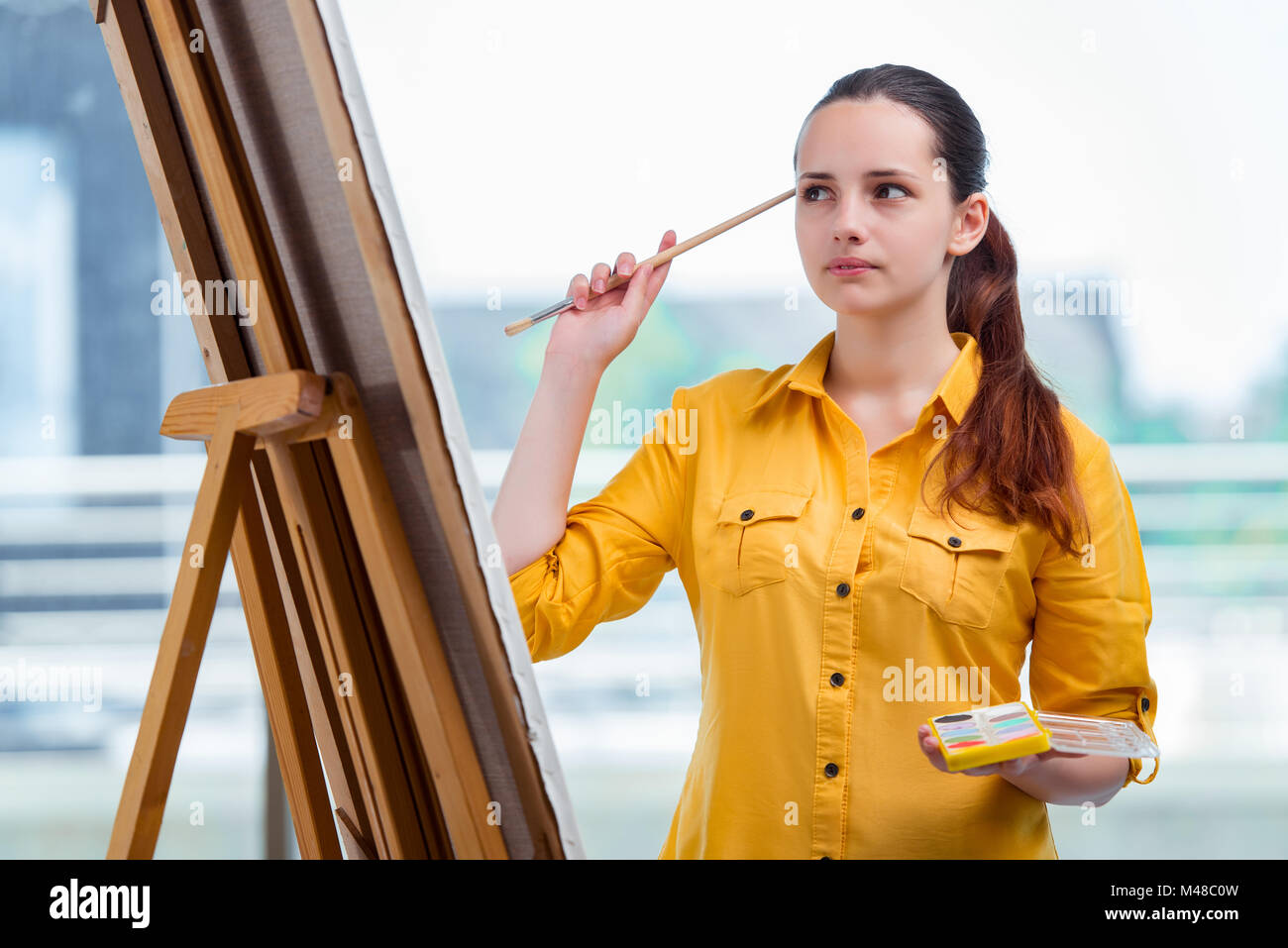 Young student artist drawing pictures in studio Stock Photo - Alamy