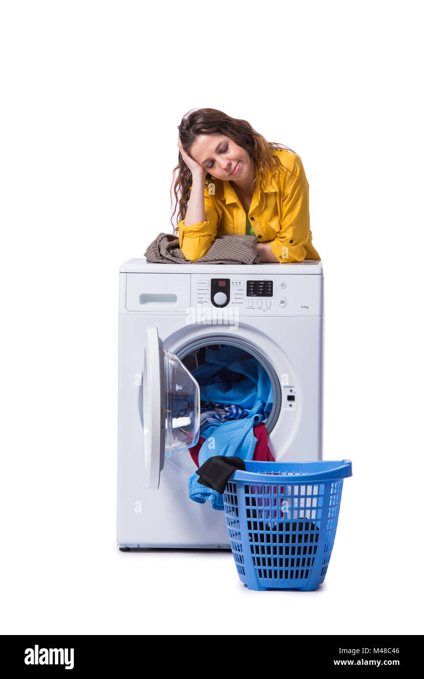 Woman tired after doing laundry isolated on white Stock Photo - Alamy