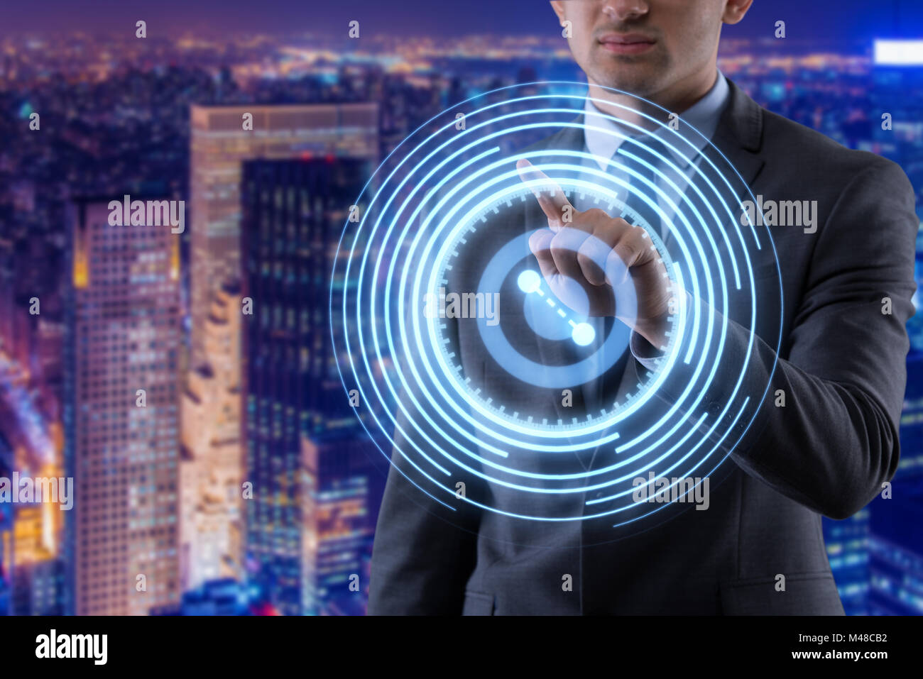 Businessman pressing virtual buttons in futuristic concept Stock Photo ...