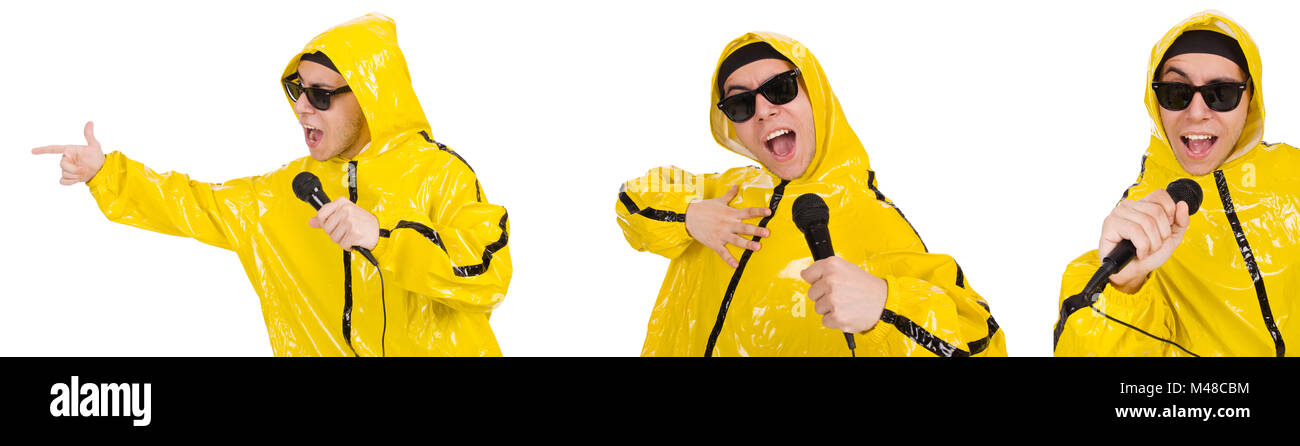 Funny performer with mic isolated on the white Stock Photo - Alamy