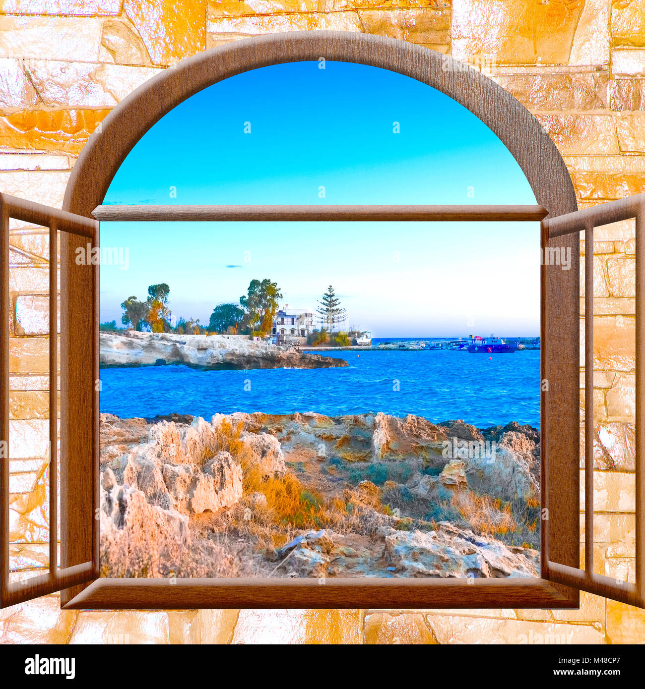 nature landscape through a window with curtains Stock Photo - Alamy