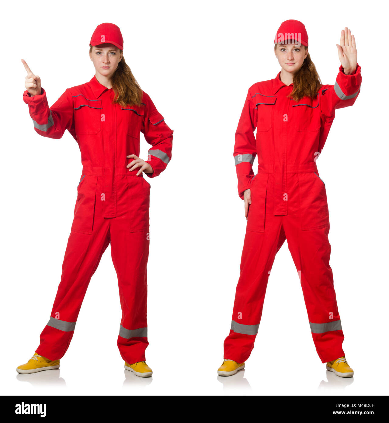 Woman in red overalls isolated on white Stock Photo - Alamy