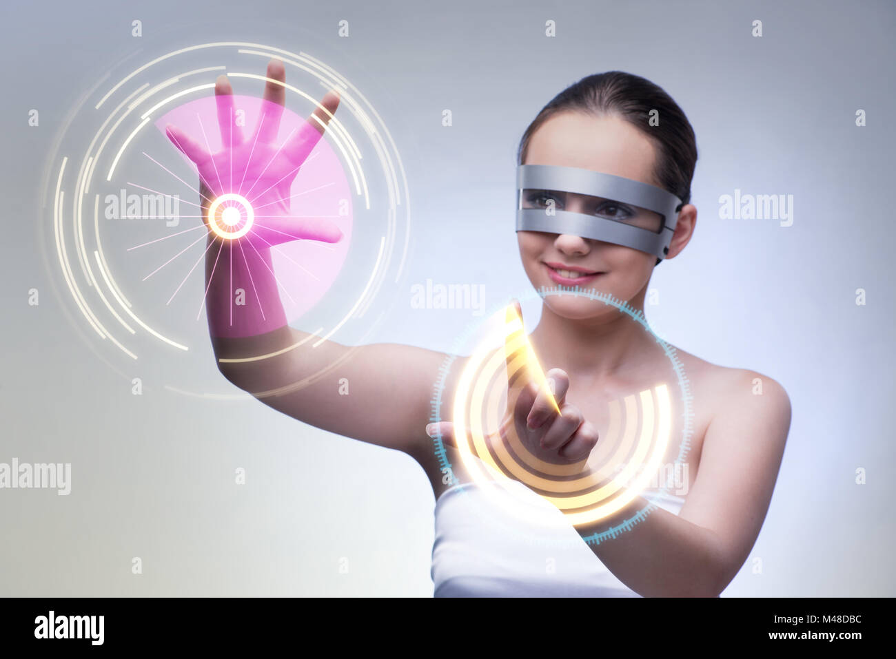 Techno girl pressing virtual buttons Stock Photo - Alamy