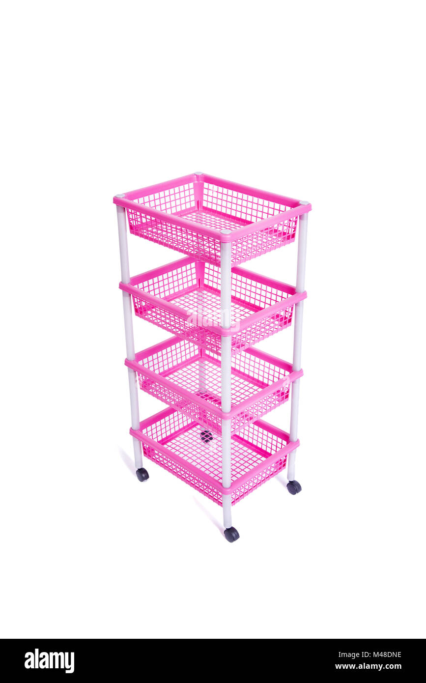 Pink bin rack shelf with wheels isolated on white Stock Photo - Alamy