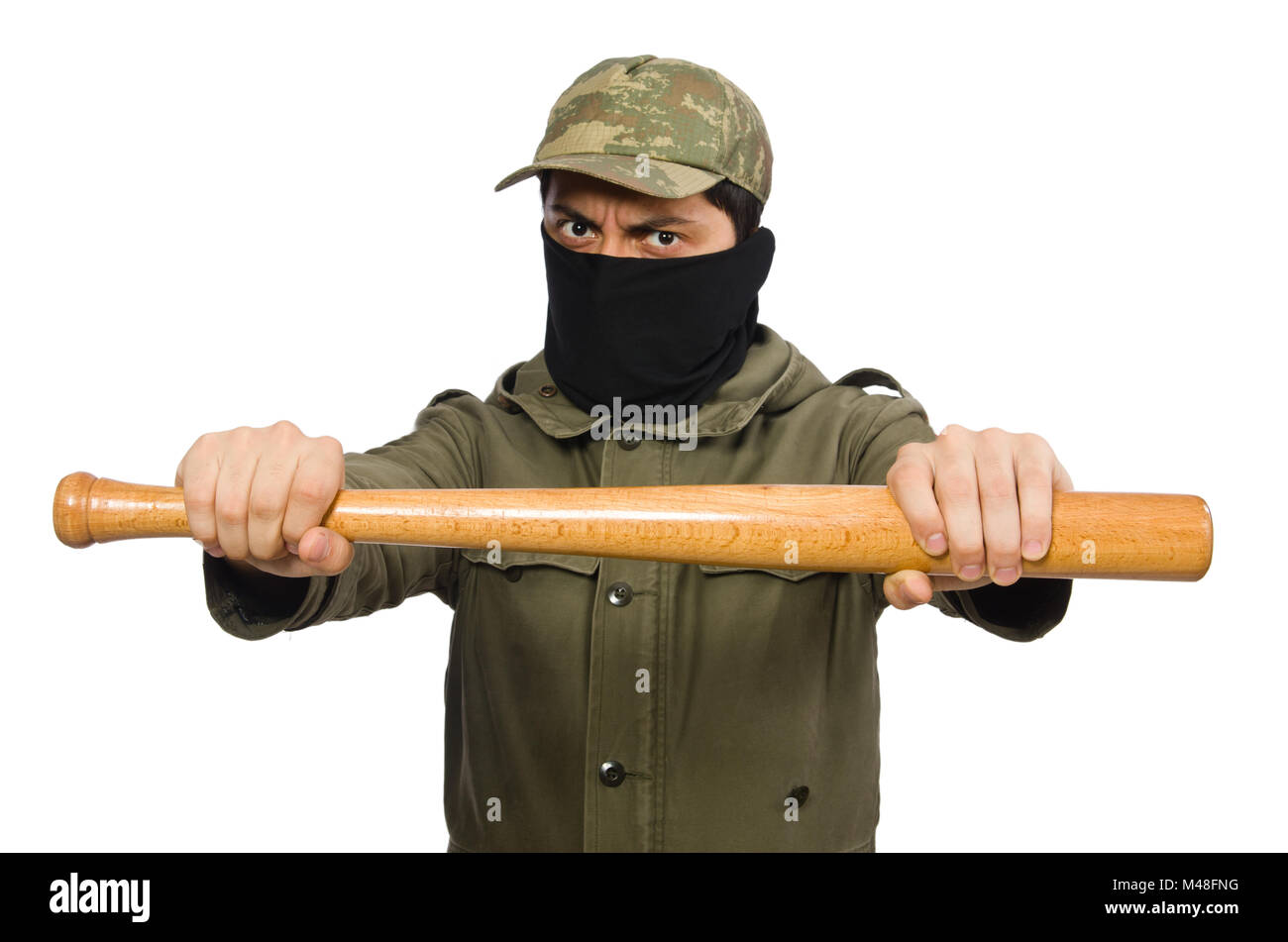 Funny man with baseball bat isolated on white Stock Photo - Alamy